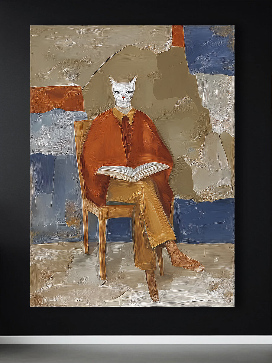 Картина интерьерная - "Кот читает книгу, прикольная картина на стену" , 40х60 см.