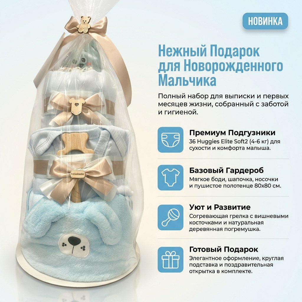 Большой торт из памперсов голубой-XL