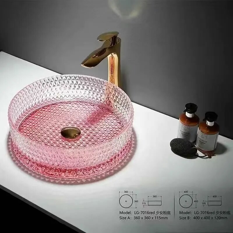 Светло-розовый прозрачная круглая стеклянная раковина 36*36CM