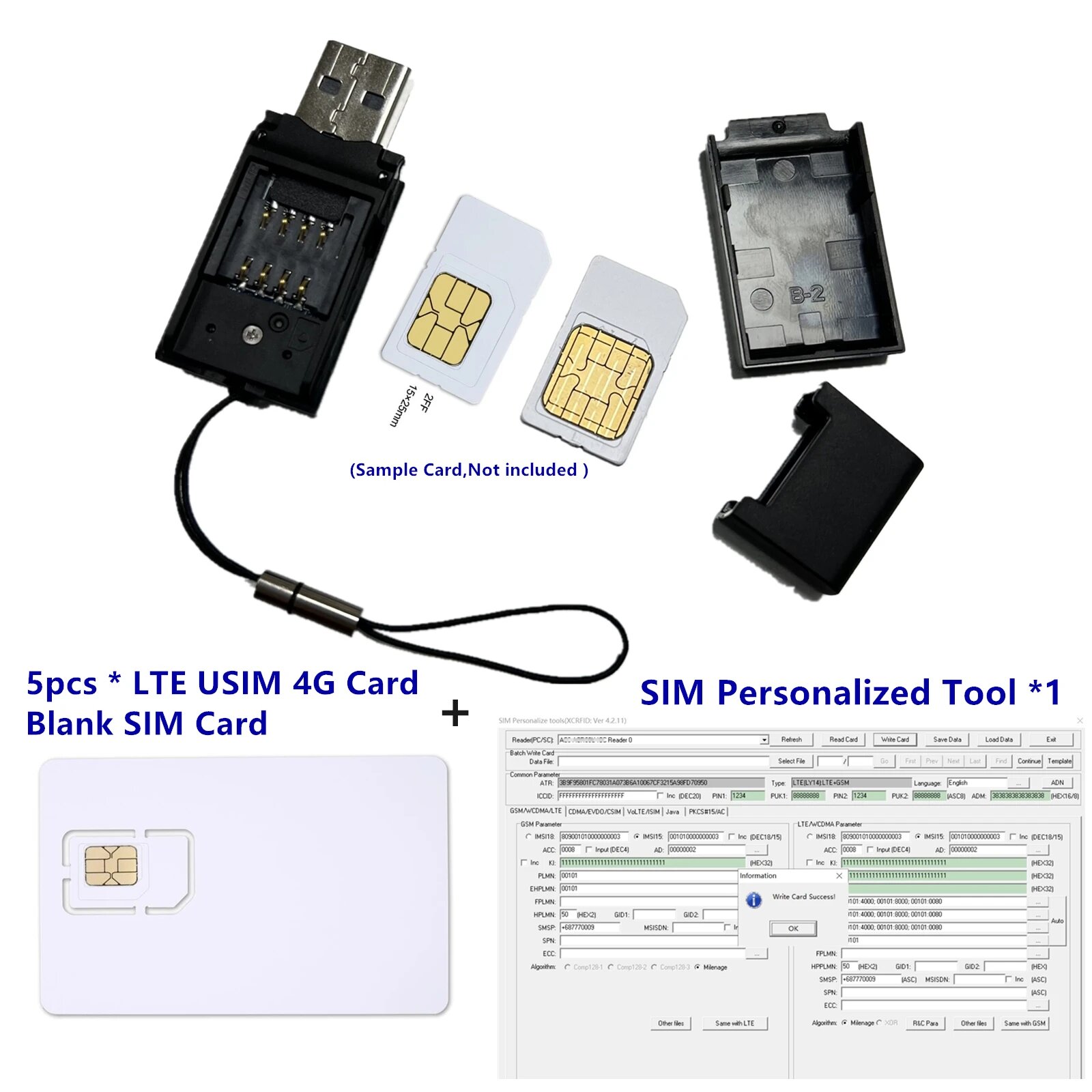Программатор LTE ICCID IMSI, устройство для чтения SIM-карт, запись, 2FF 3FF 4FF 2G 3G 4G, записанная SIM-карта + 5 SIM-карт + инструмент для персонализации SIM-карт