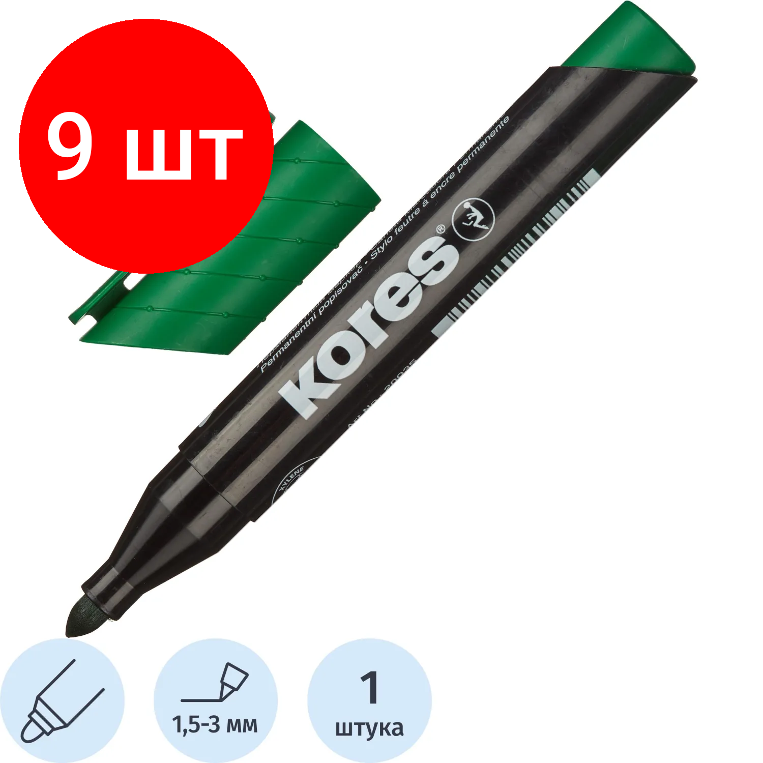 Комплект 9 штук, Маркер перманентный KORES зеленый 1.5-3мм круглый наконечник 20935