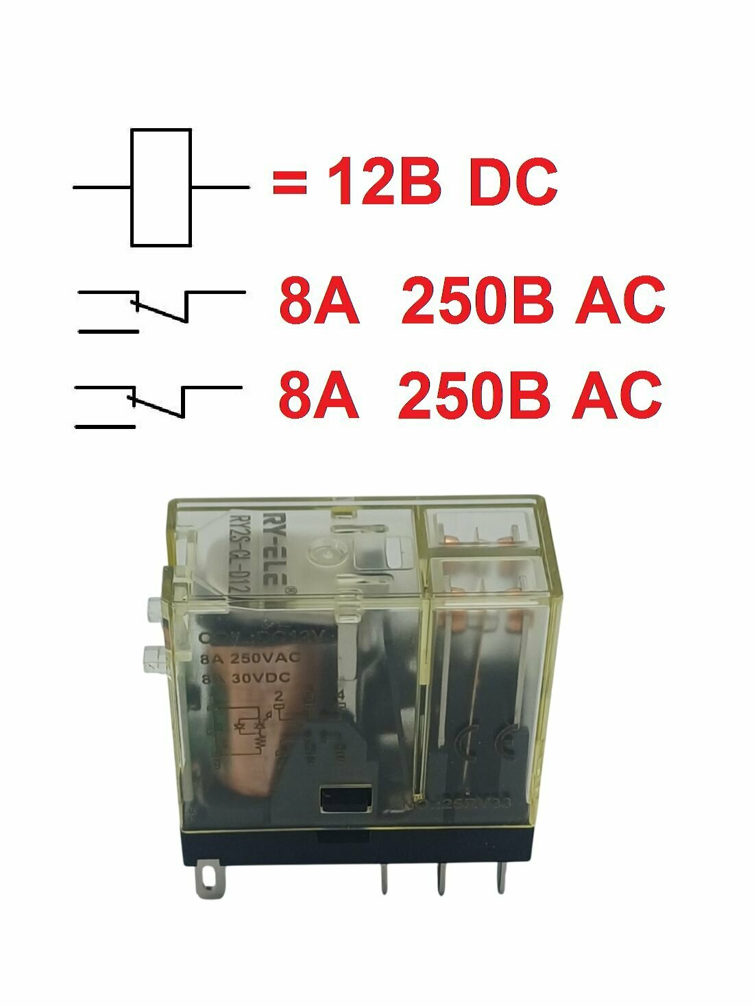 Промежуточное реле 12В RY2S-CL-D12, 2 контакта 8A