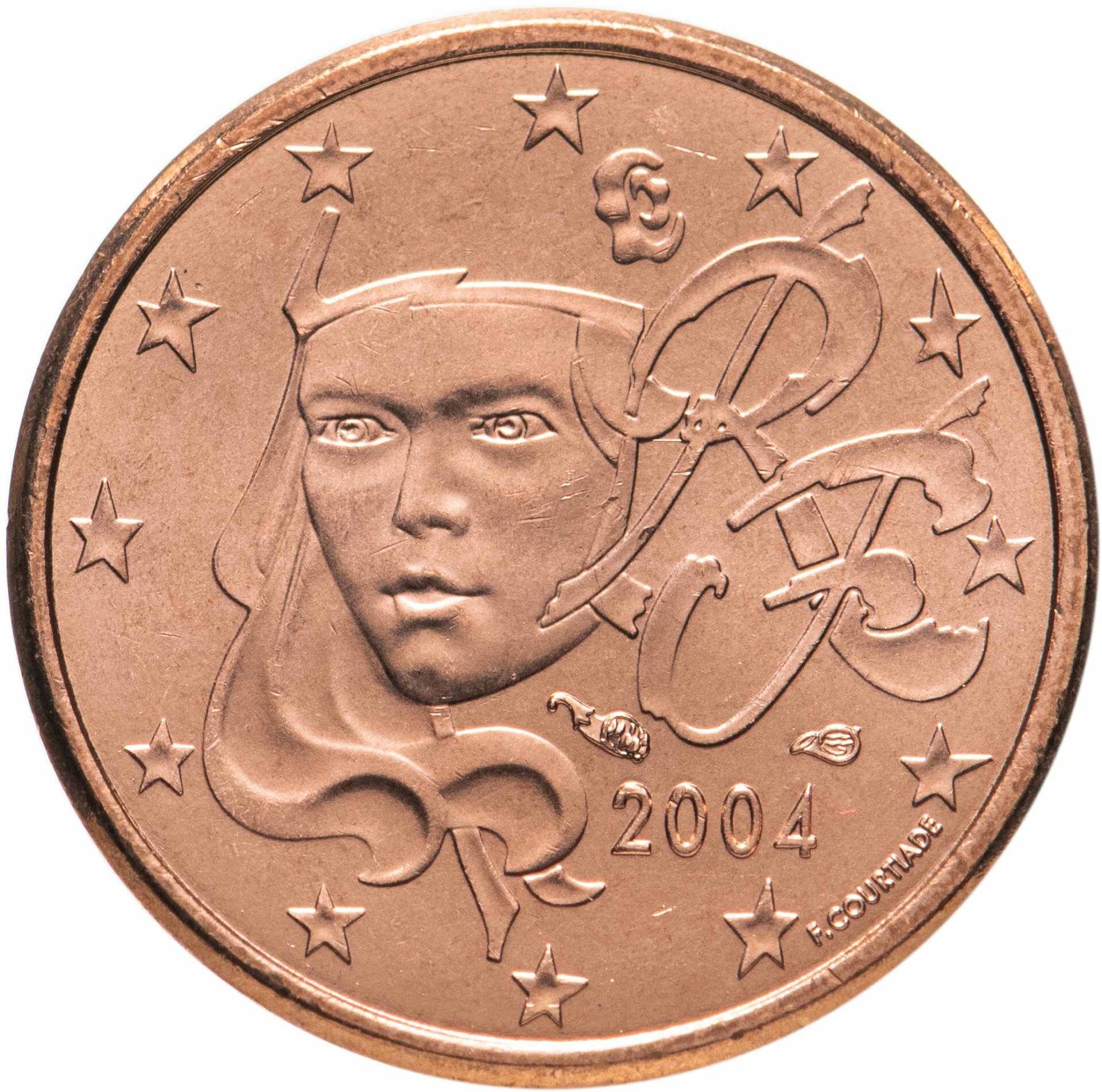 Франция 1 евроцент euro cent 2004, Сталь, плакированная медью, в сохранности UNC