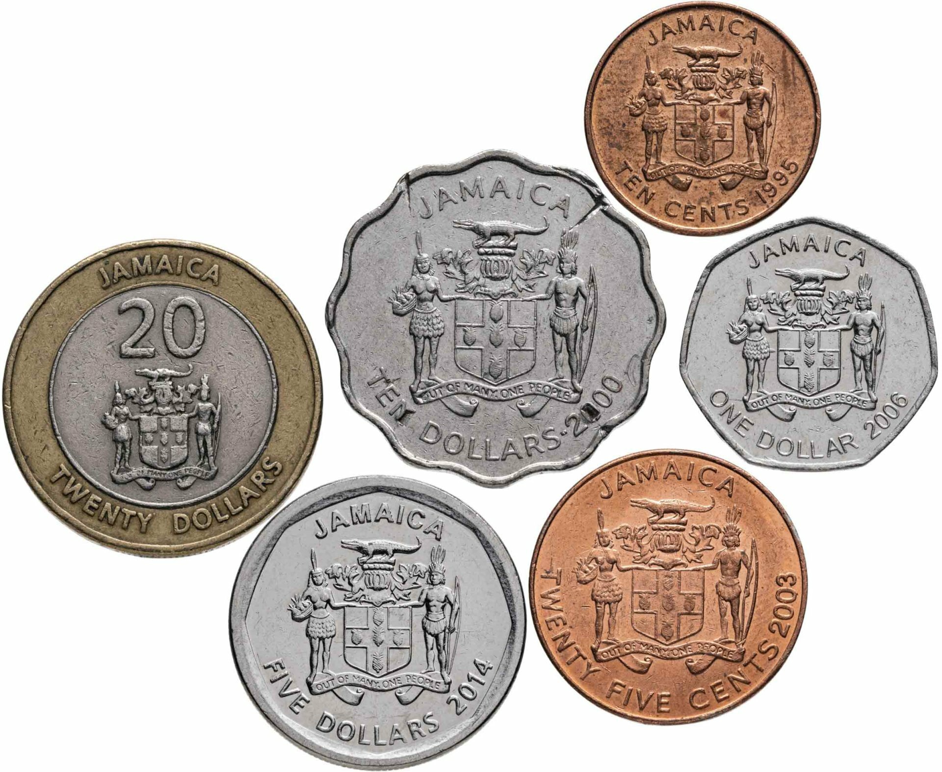Ямайка набор монет 1994-2014 6 штук, Сталь с медным покрытием, Сталь с никелевым покрытием, Нержавеющая сталь, Биметалл, в сохранности VF-XF