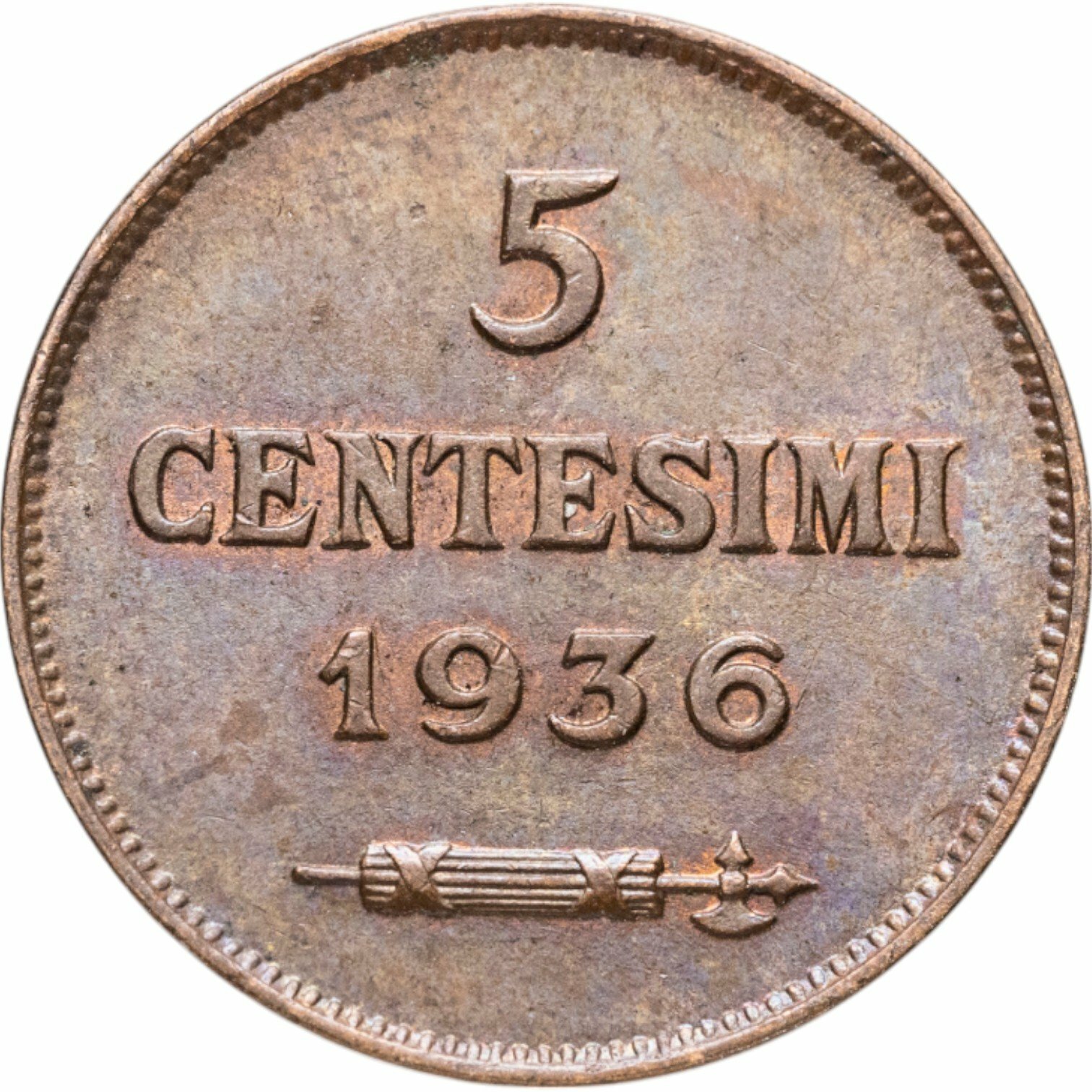 Сан-Марино 5 чентезимо centesimi 1936, Бронза, в сохранности AU-UNC