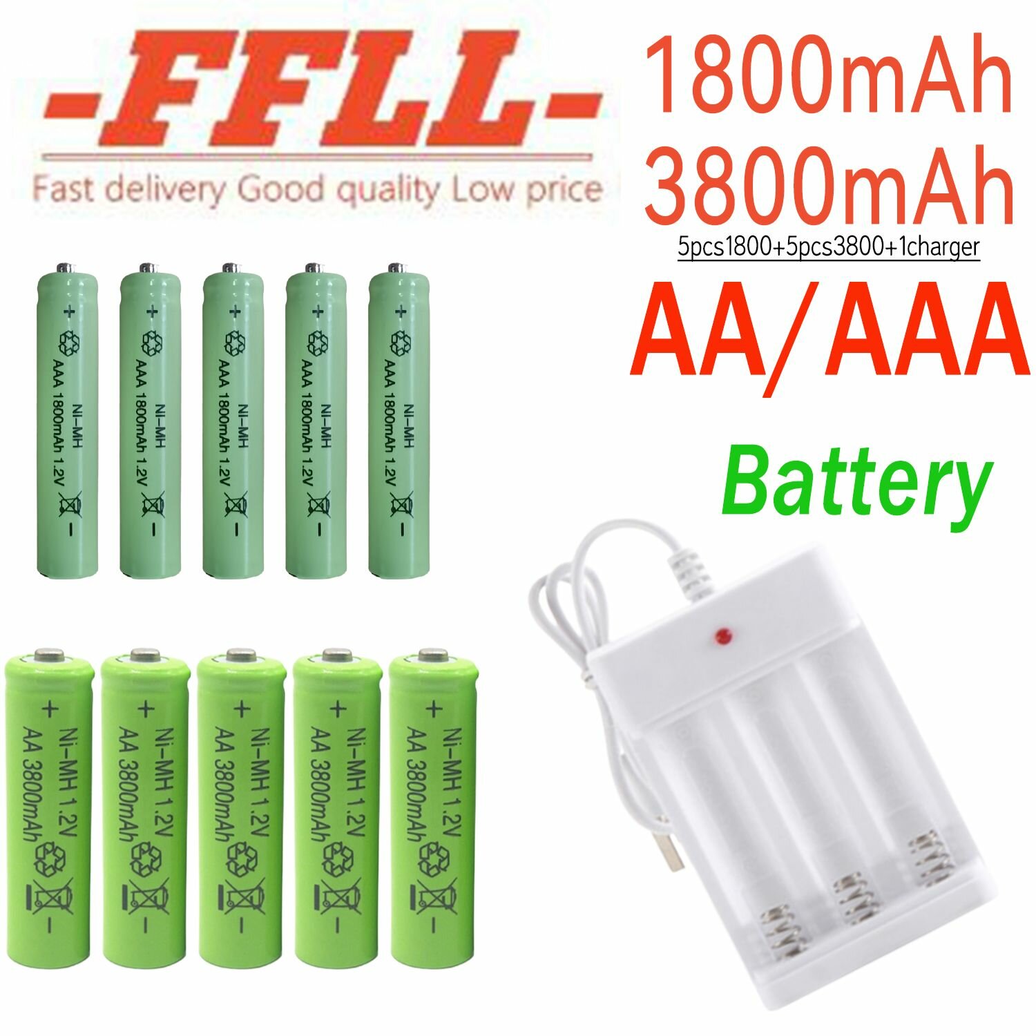 5шт 1.2-1.5V AA Аккумулятор 3800 mAh 5шт AAA 1800mAh Зарядный аккумулятор NI - MH для игрушек для пультов для фонариков