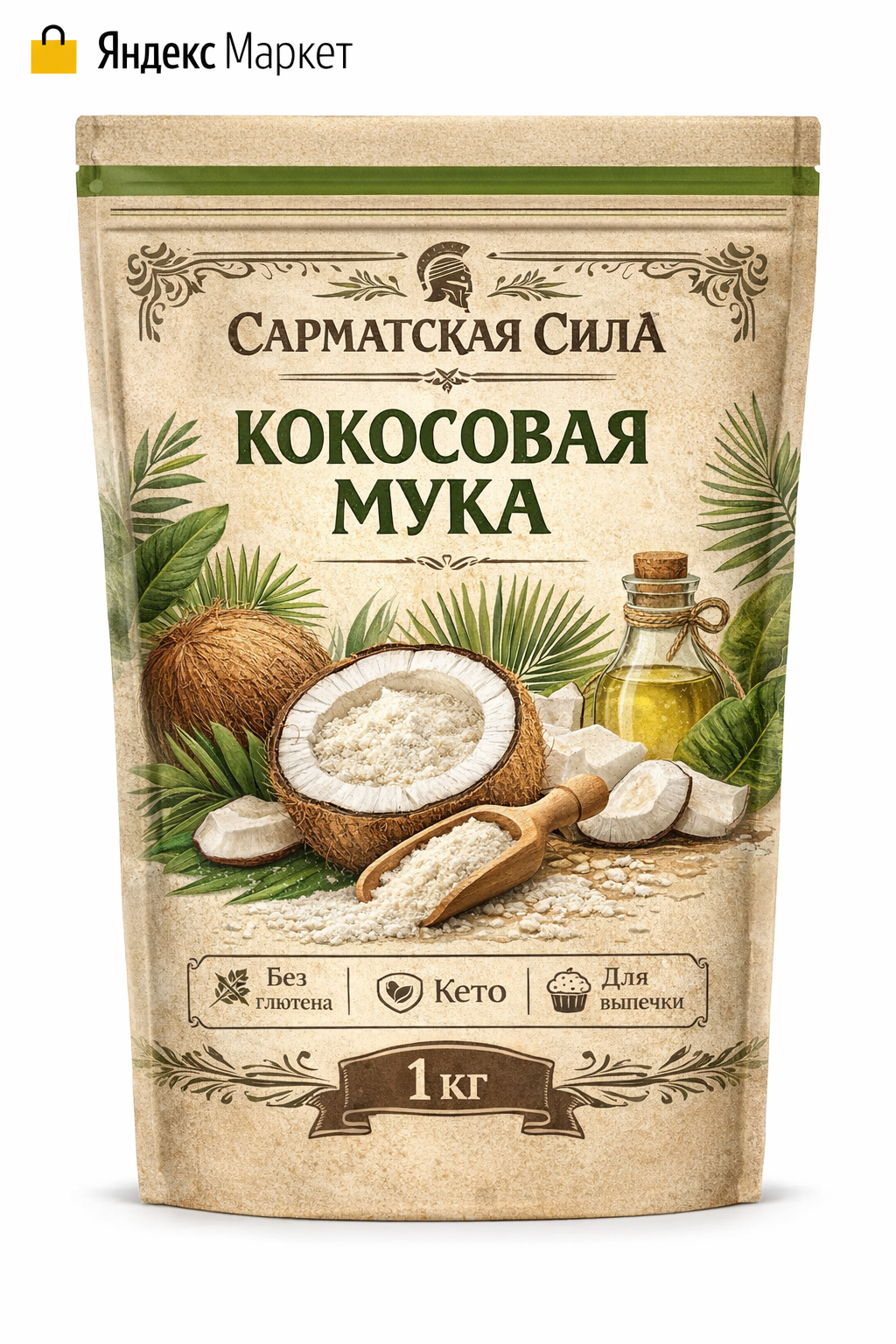 Кокосовая мука "Сарматская Сила", без глютена, 1 кг, для кето диеты