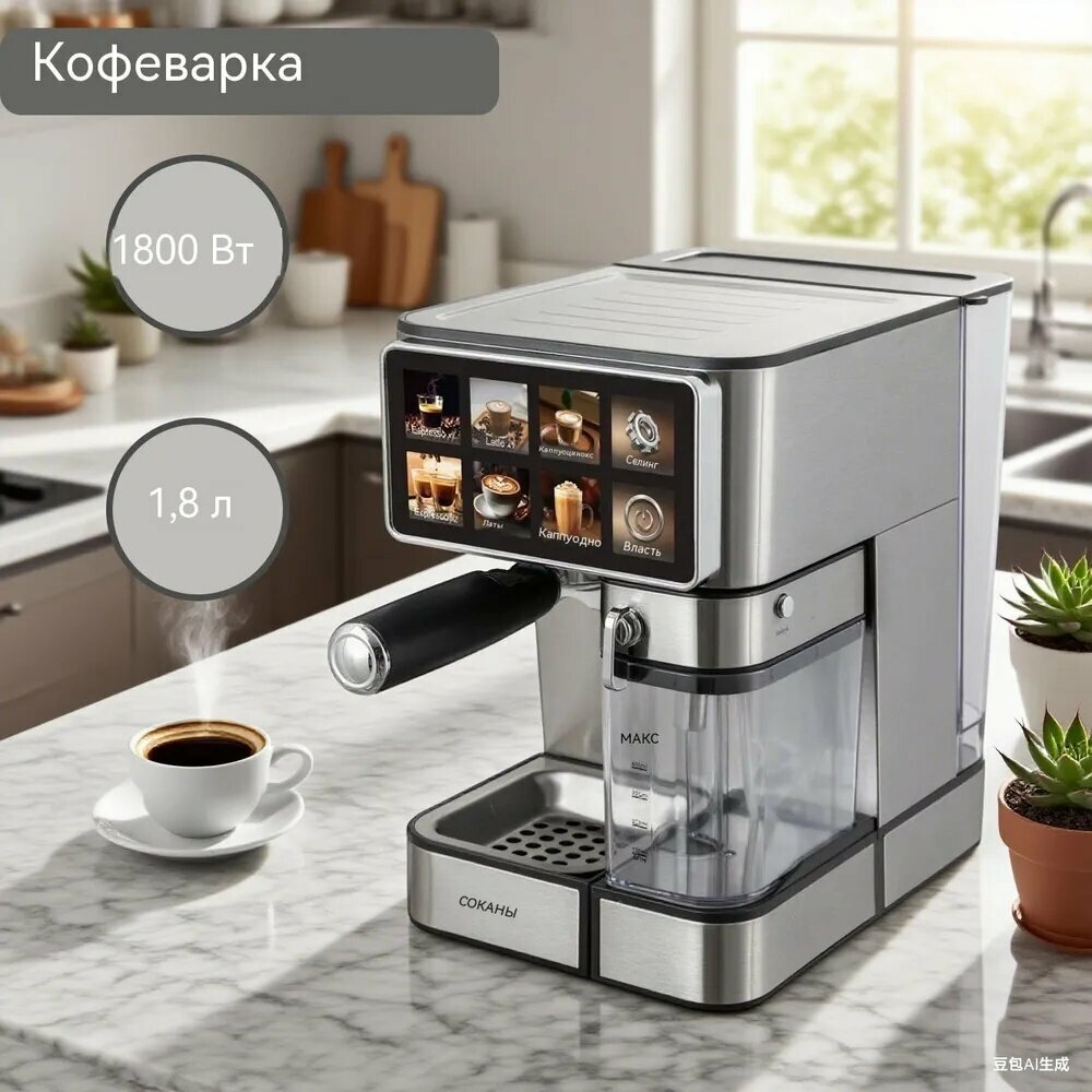 Кофеварка рожковая 0A064D89C1D04E23B776AC07F908598F, серебристый
