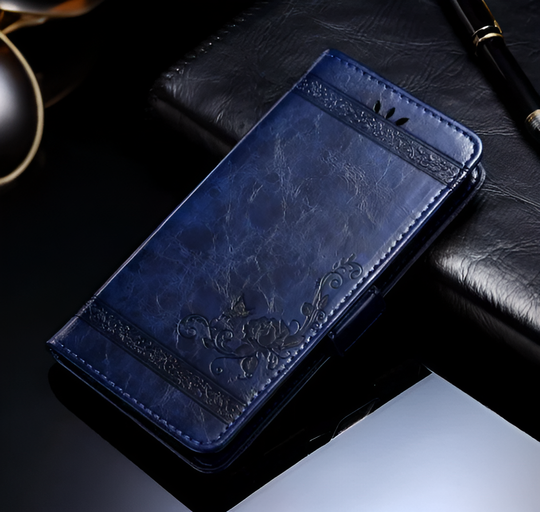 Чехол-книжка для Xiaomi Redmi 12C / Poco C55 из кожи с тиснением тематика книга в Винтажном стиле Ретро синий