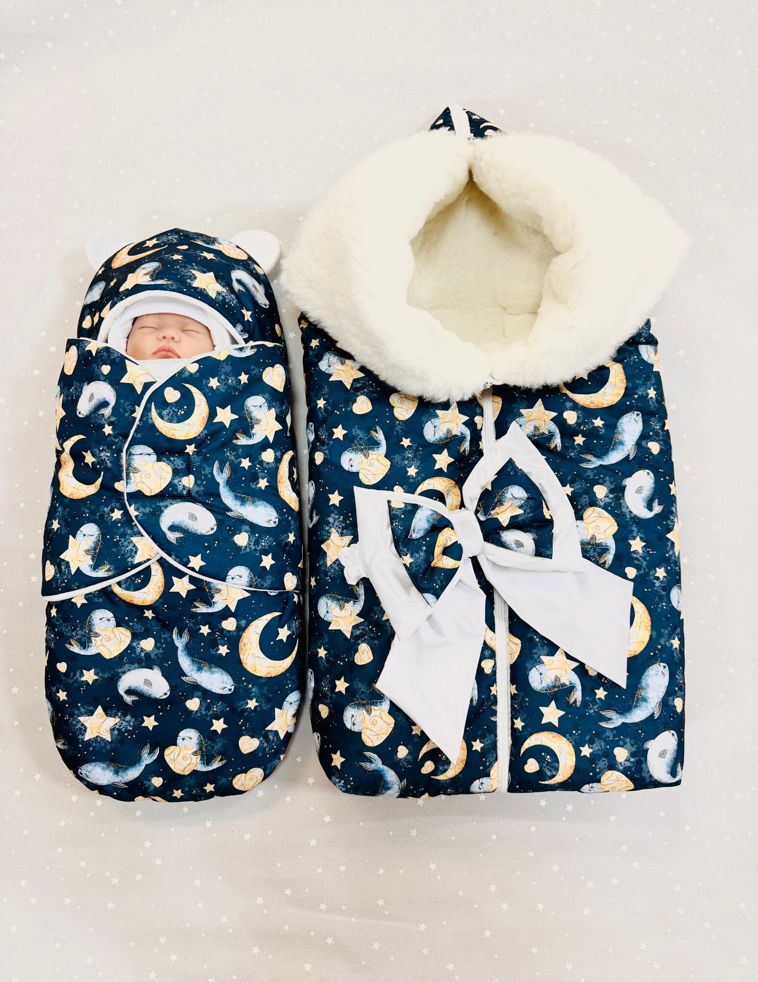 Комплект на выписку ALMeretskaya "Умка", для новорожденных, с овчиной, 0-9 мес, размер 62, темно-синий