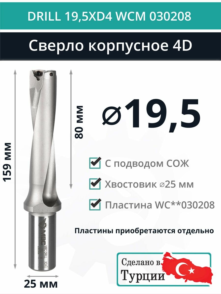 DRILL 19,5XD4 WCM 030208 сверло корпусное - 19,5 мм / пластина WCMX 030208; WCMT 030208