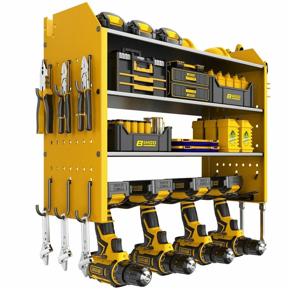 Сверхмощный электроинструмент Настенный органайзер Аккумуляторная стойка для инструментов с боковыми стойками и крючками