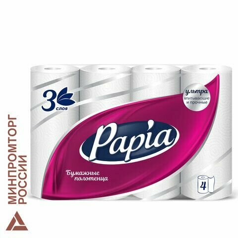 7 шт. Полотенца бумажные бытовые, спайка 4 шт, 3-слойные (4х11,2 м), PAPIA, 23x13 см, белые, 5081506