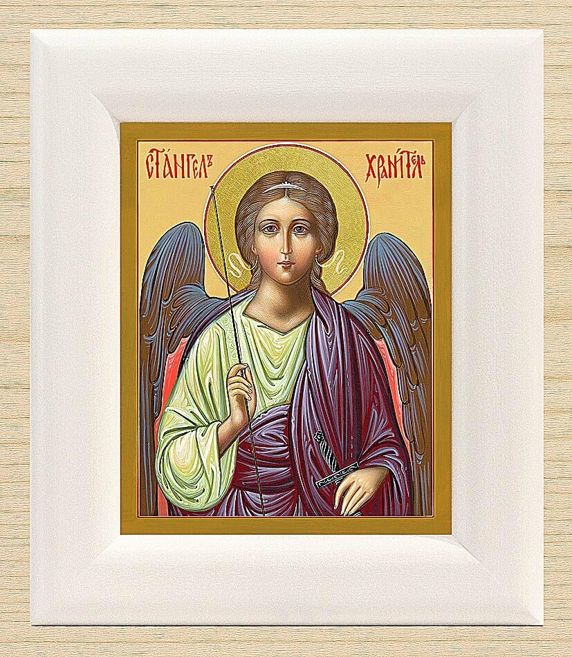 Ангел Хранитель (лик № 261), икона в широкой белой деревянной рамке 14,5*16,5 см