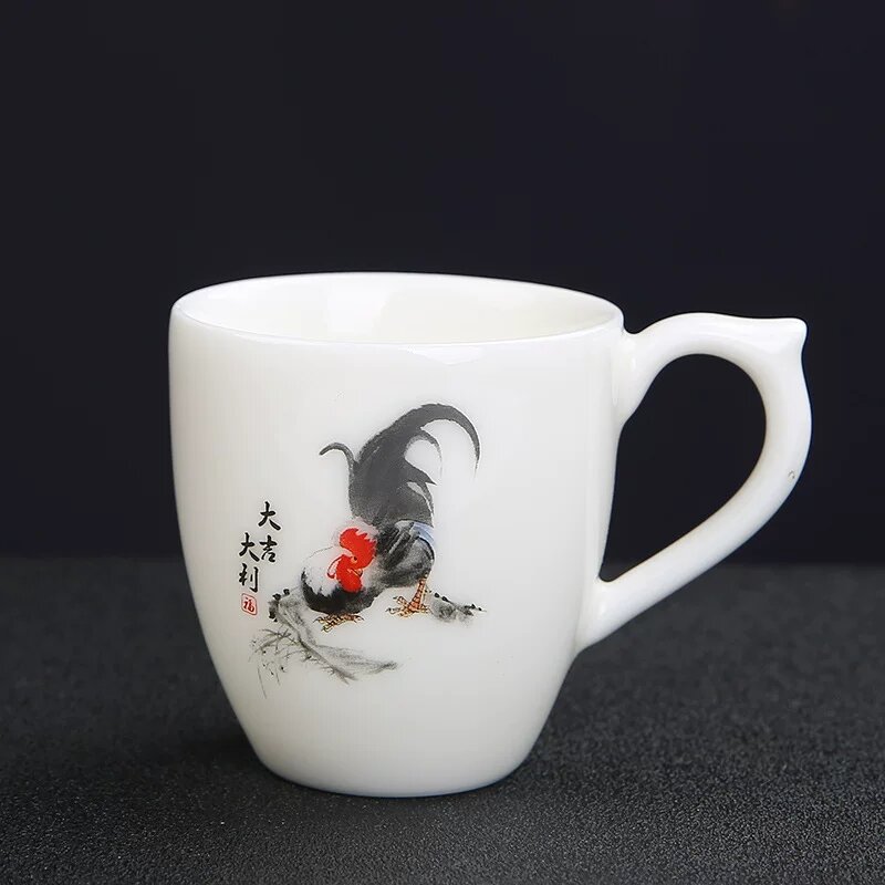 Чайная чашка из белого фарфора Дехуа в форме петуха, мастерская чашка, керамическая чашка для кунг-фу с ручкой, чайная
