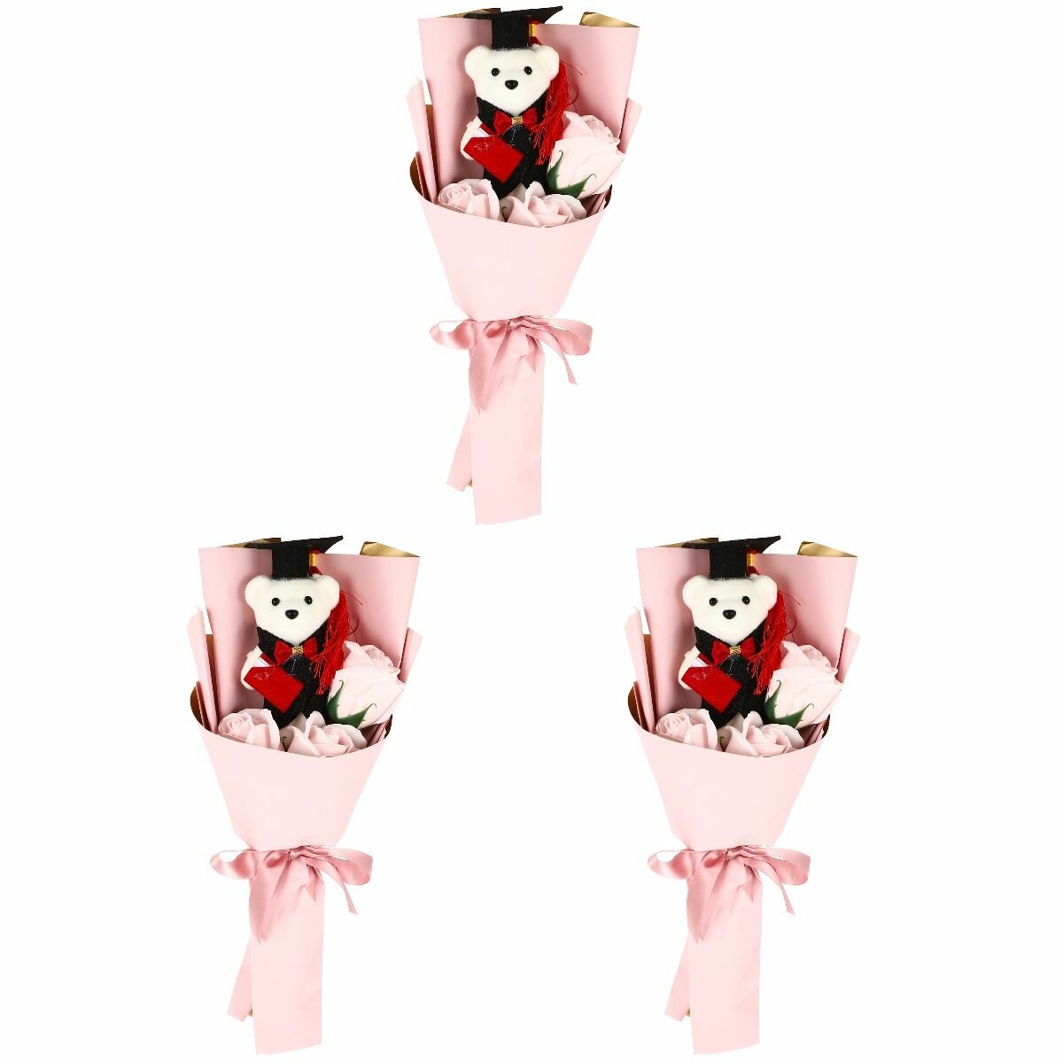 Набор из 3 розовых медвежат из пены, пластика и ткани для декорации выпускного букета