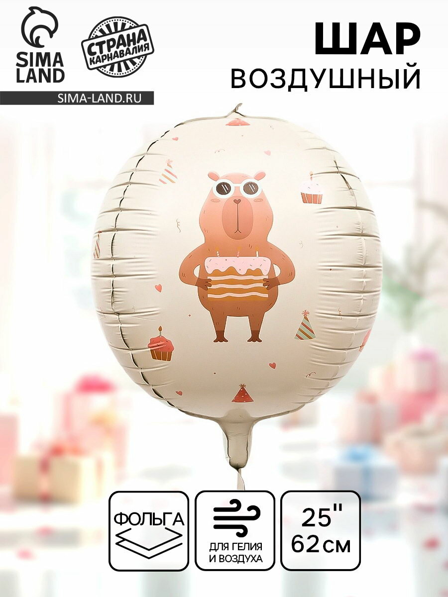 Воздушный шар фольгированный 25"Милые капибары. Сфера", надувка шара: воздухом, 2 шт.