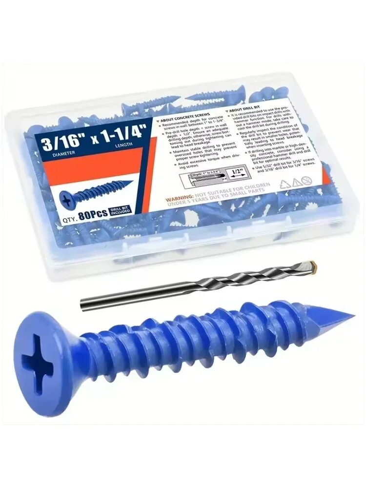 Синие винты для бетона 3/16x1-1/4", 80 шт.