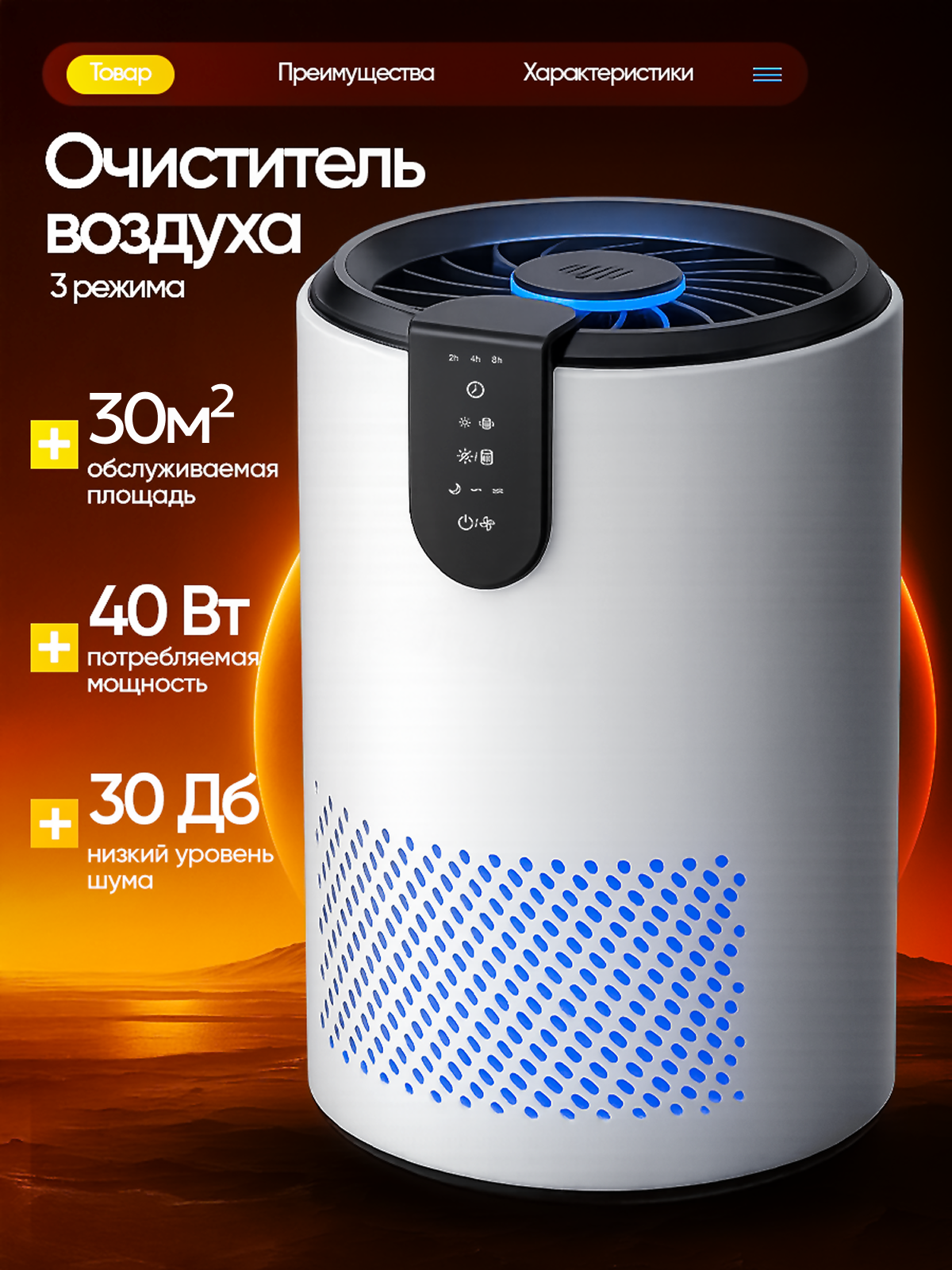 Очиститель воздуха для квартиры, с ароматизацией, HEPA-фильтр, 30 кв. м, белый