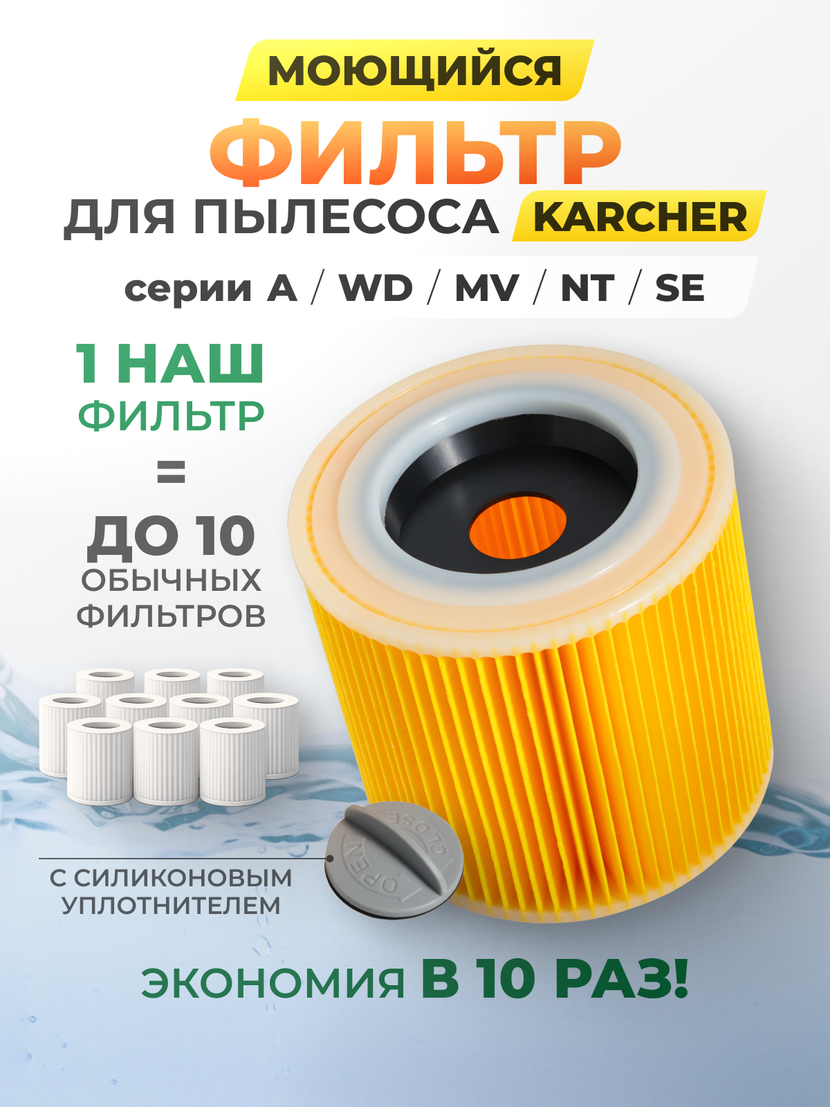 Фильтр HEPA моющийся для пылесосов Karcher WD 3, WD 2, WD 3 P, A 1000, 1000, SE 4001, SE 4002, WD 3 Car (1шт)