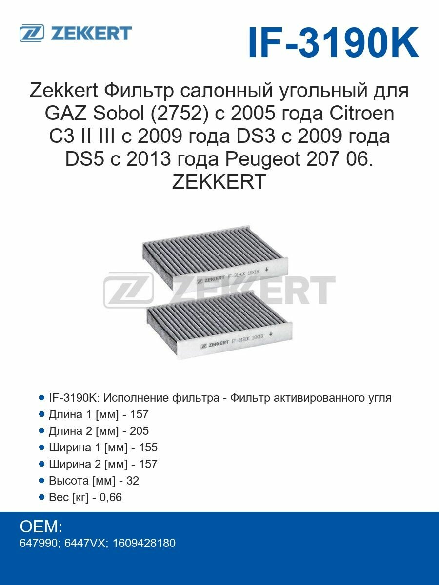 Zekkert Фильтр салонный угольный для GAZ Sobol (2752) с 2005 года Citroen C3 II III с 2009 года DS3 с 2009 года DS5 с 2013 года Peugeot 207 06. ZEKKERT