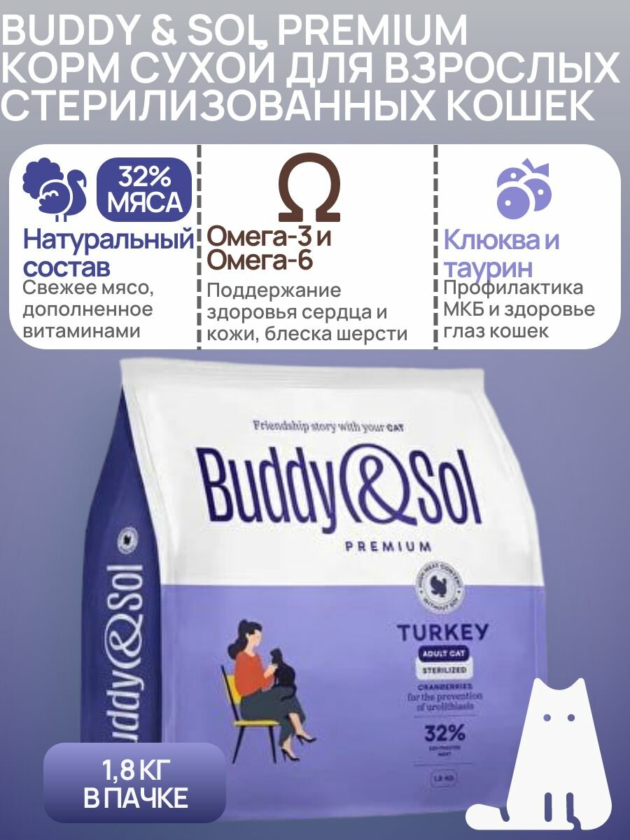 Buddy&Sol Полнорационный сухой корм премиум-класса с индейкой для стерилизованных кошек 1,8 кг