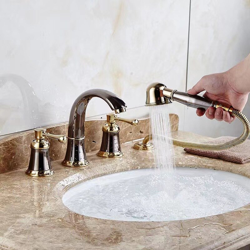 Смеситель для раковины в европейском стиле с трехотверстным основанием из чистой меди, комплект из трех частей для ванной комнаты, разделенный смеситель для холодной и горячей воды