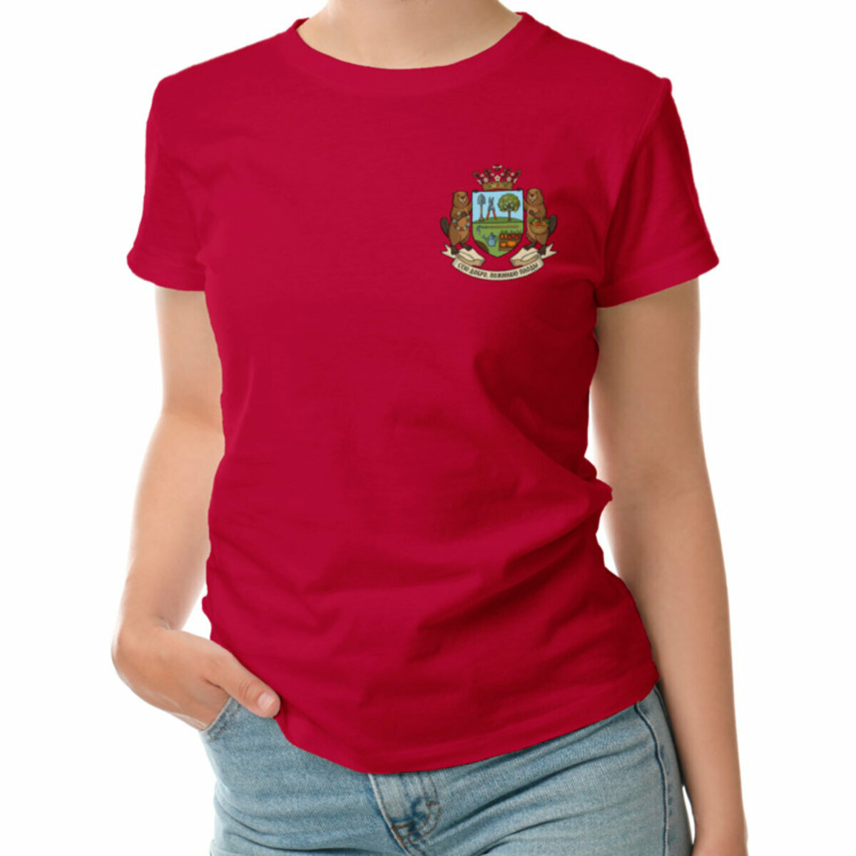 Женская футболка «огородник садовник дачник герб дачника сею добро» (красный, L)