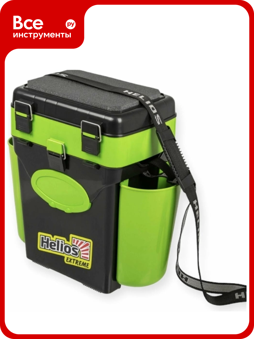 Зимний ящик Helios FishBox 10 л зеленый, пластиковый корпус, с плечевым ремнем и сиденьем, для зимней рыбалки