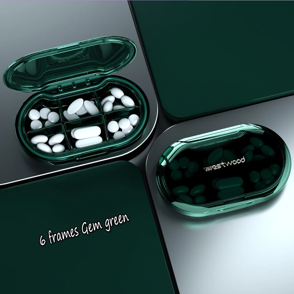 Таблетница дорожная 6 отсеков Gem green