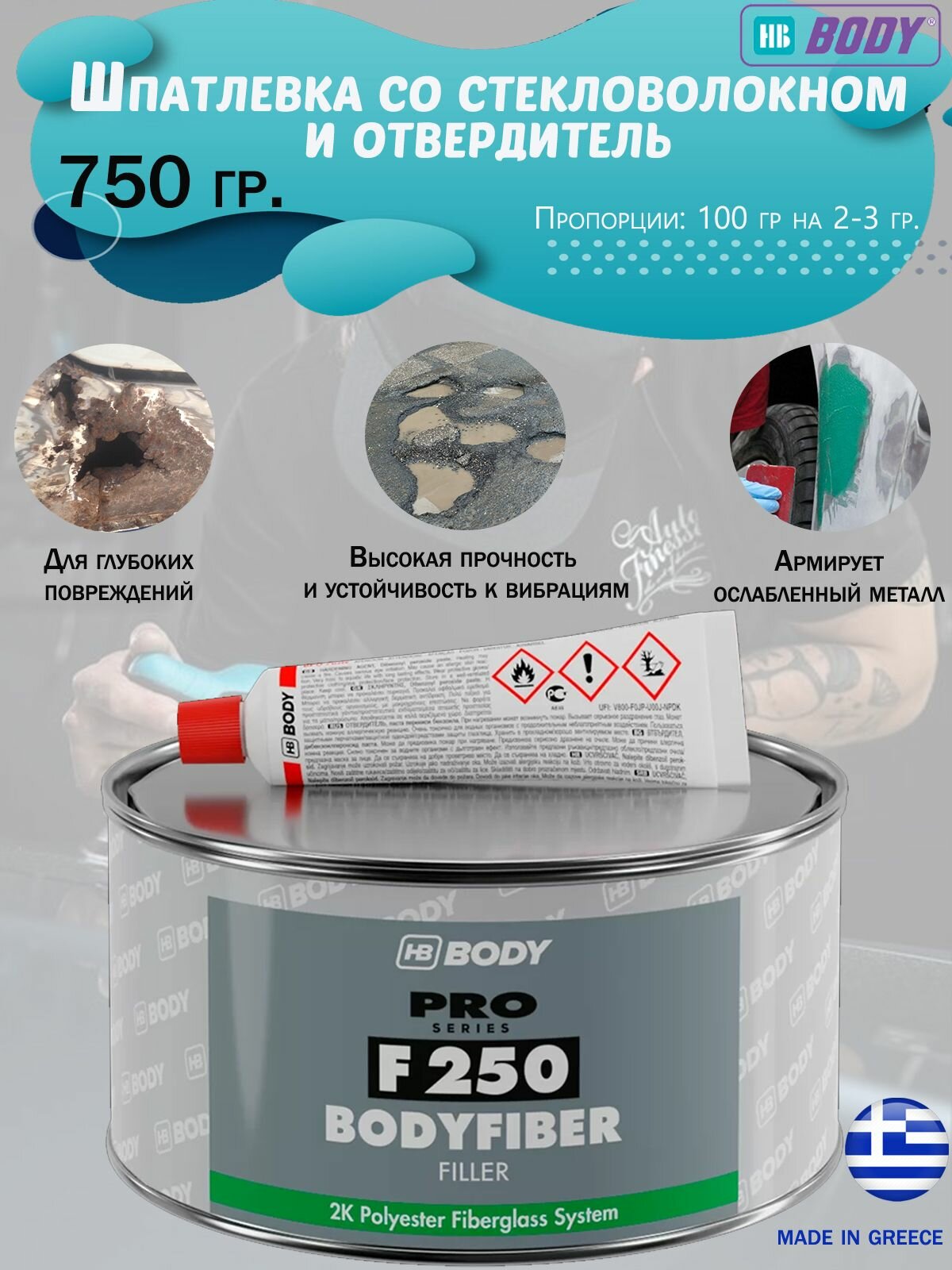 Шпатлевка HB BODY "PRO F250 "FIBER", со стекловолокном, банка, 0.75 кг.