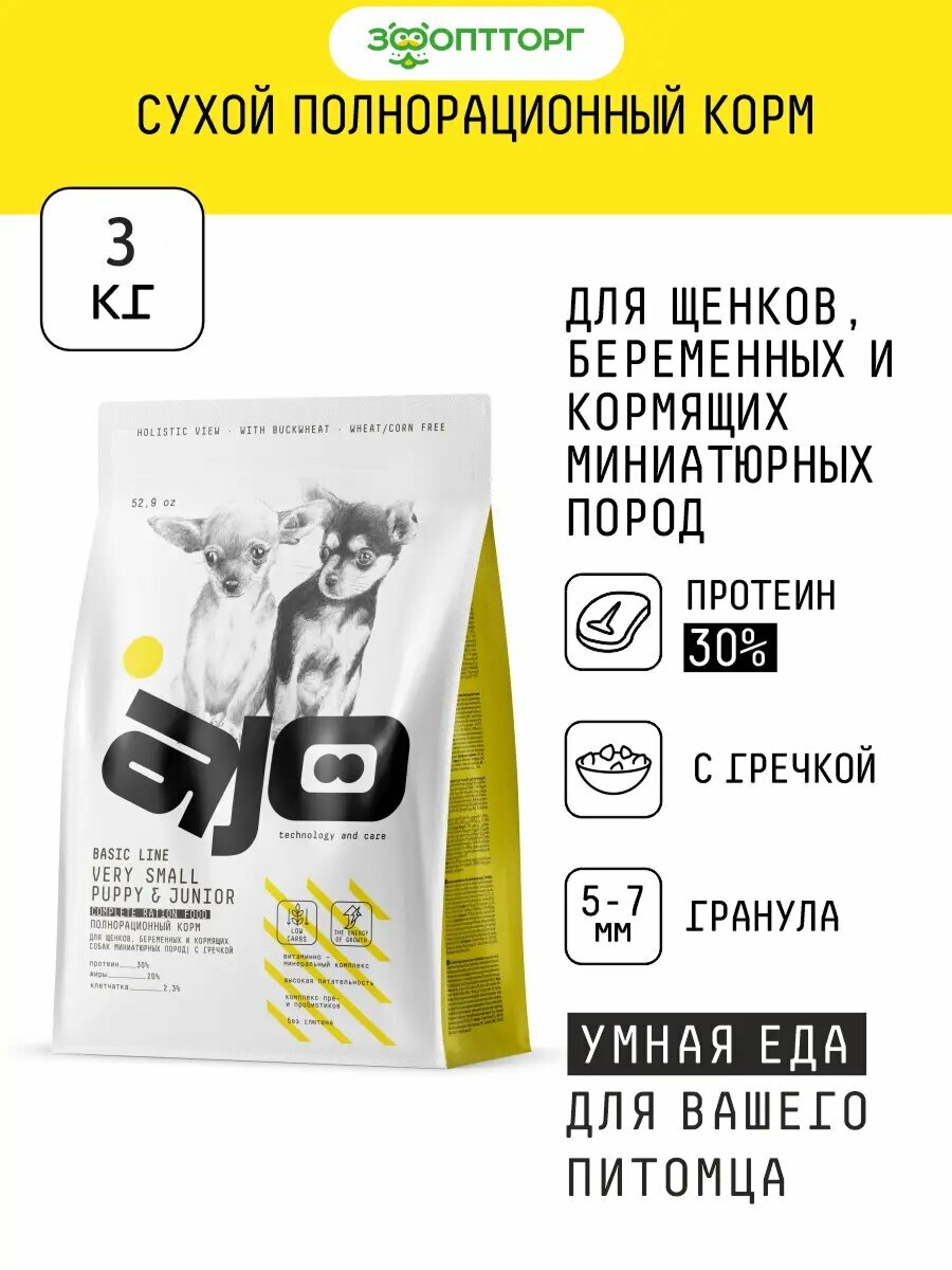 Сухой корм AJO Very Small Puppy & Junior полнорационный для щенков миниатюрных пород Индейка, 1,5 кг х 2 шт.