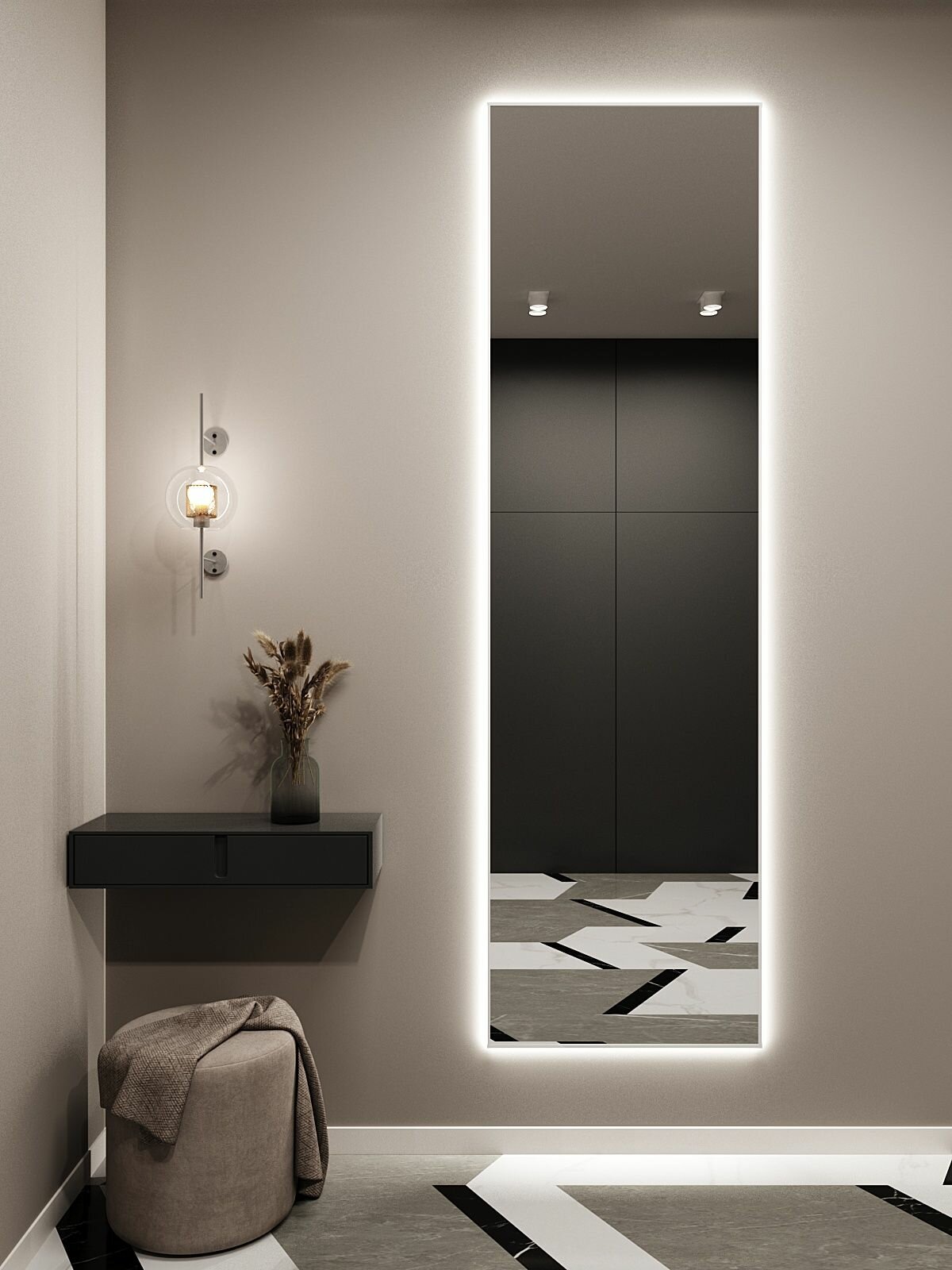 Зеркало настенное 230х70 см. белое с подсветкой. Свет: Холодный белый 6000К. В алюминиевой раме интерьерное BLX MIRROR