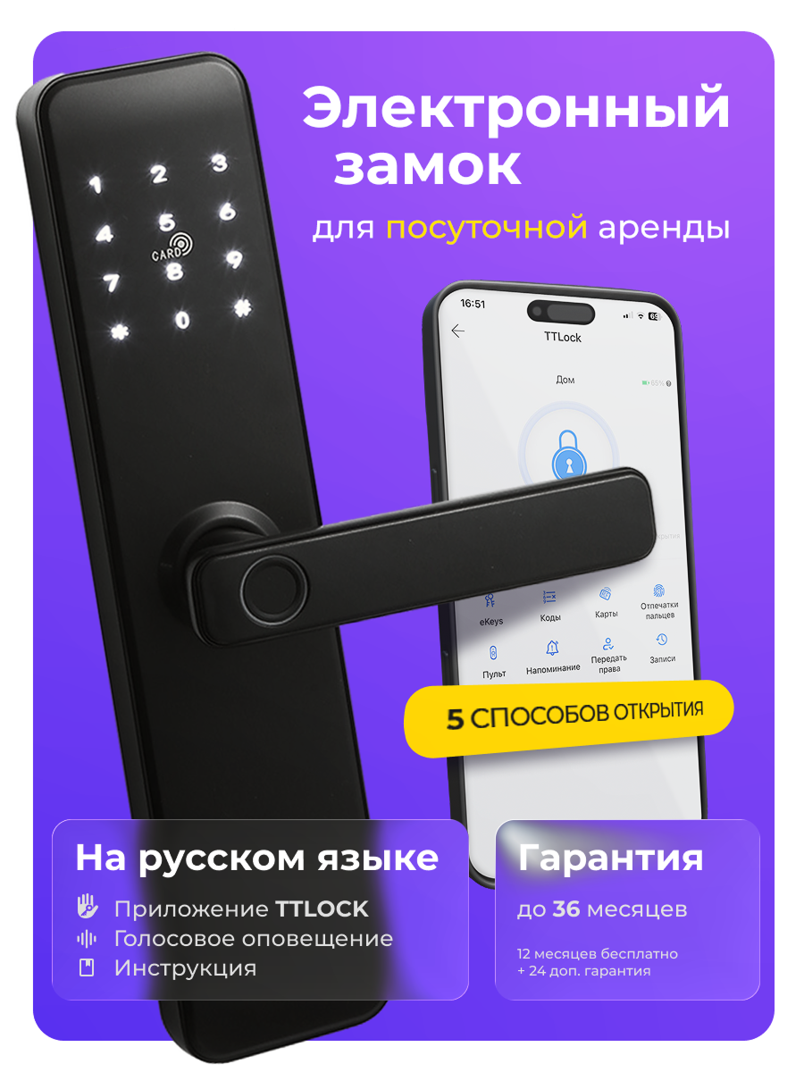 Умный кодовый замок TTLock М77RUS для входной двери, с Bluetooth биометрический