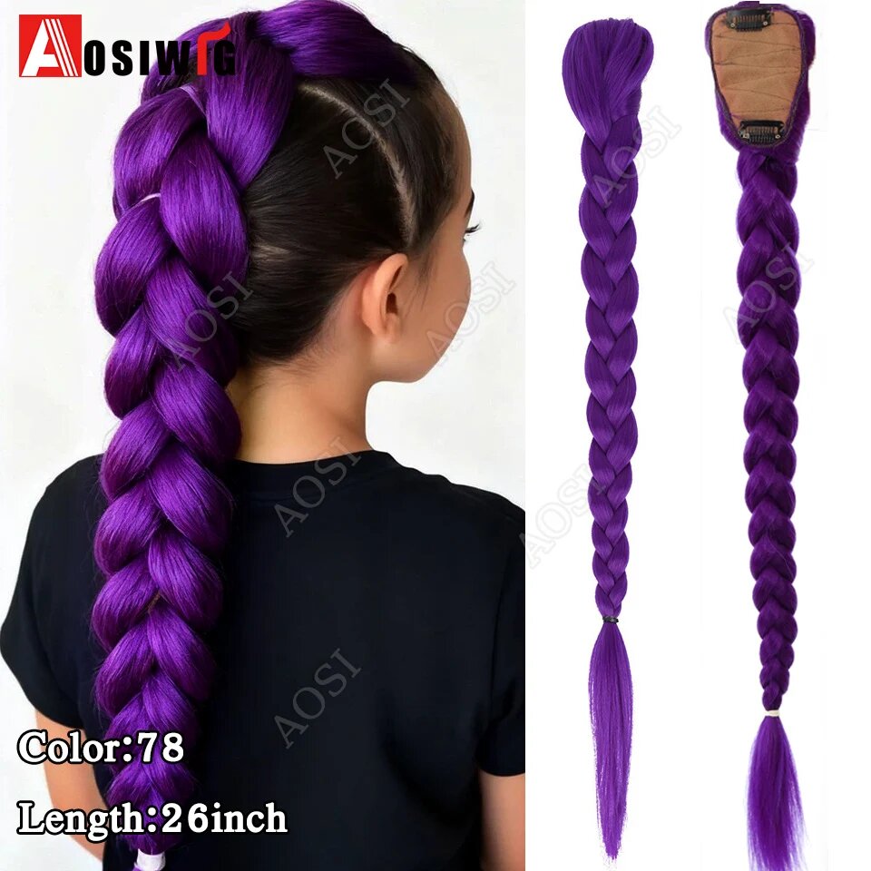Синтетические плетеные фиолетовые волосы, прическа «конский хвост», длинный хвост 26 дюймов с заколками для детей, девочек, платье на Хэллоуин и Рождество