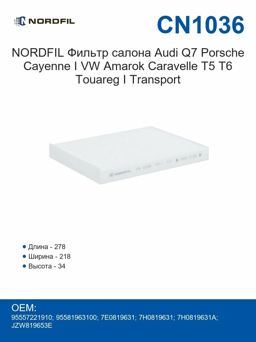 NORDFIL Фильтр салона Audi Q7 Porsche Cayenne I VW Amarok Caravelle T5 T6 Touareg I Transport