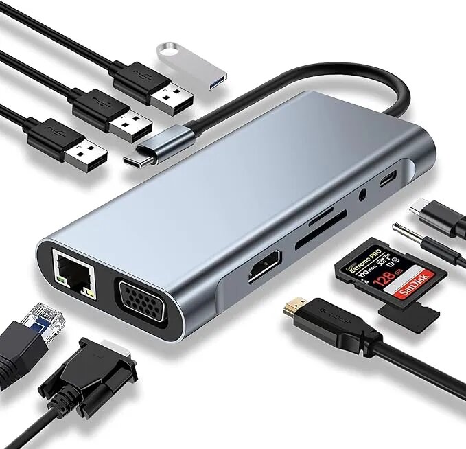 Многопортовый адаптер USB C Hub, конвертер USB C 11 в 1 , док-станция для ноутбуков MacBook Pro/Air с USB C и других устройств Type C