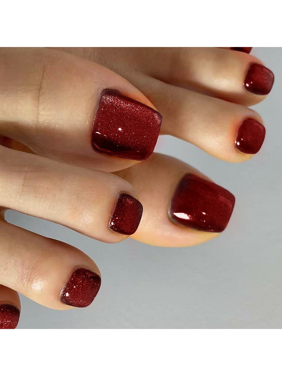 Бордовые ногти на ногах "кошачий глаз", сверкающий шпат, короткие блестящие квадратные ногти на ногах "кошачий глаз", 24 штуки ногтей на ногах