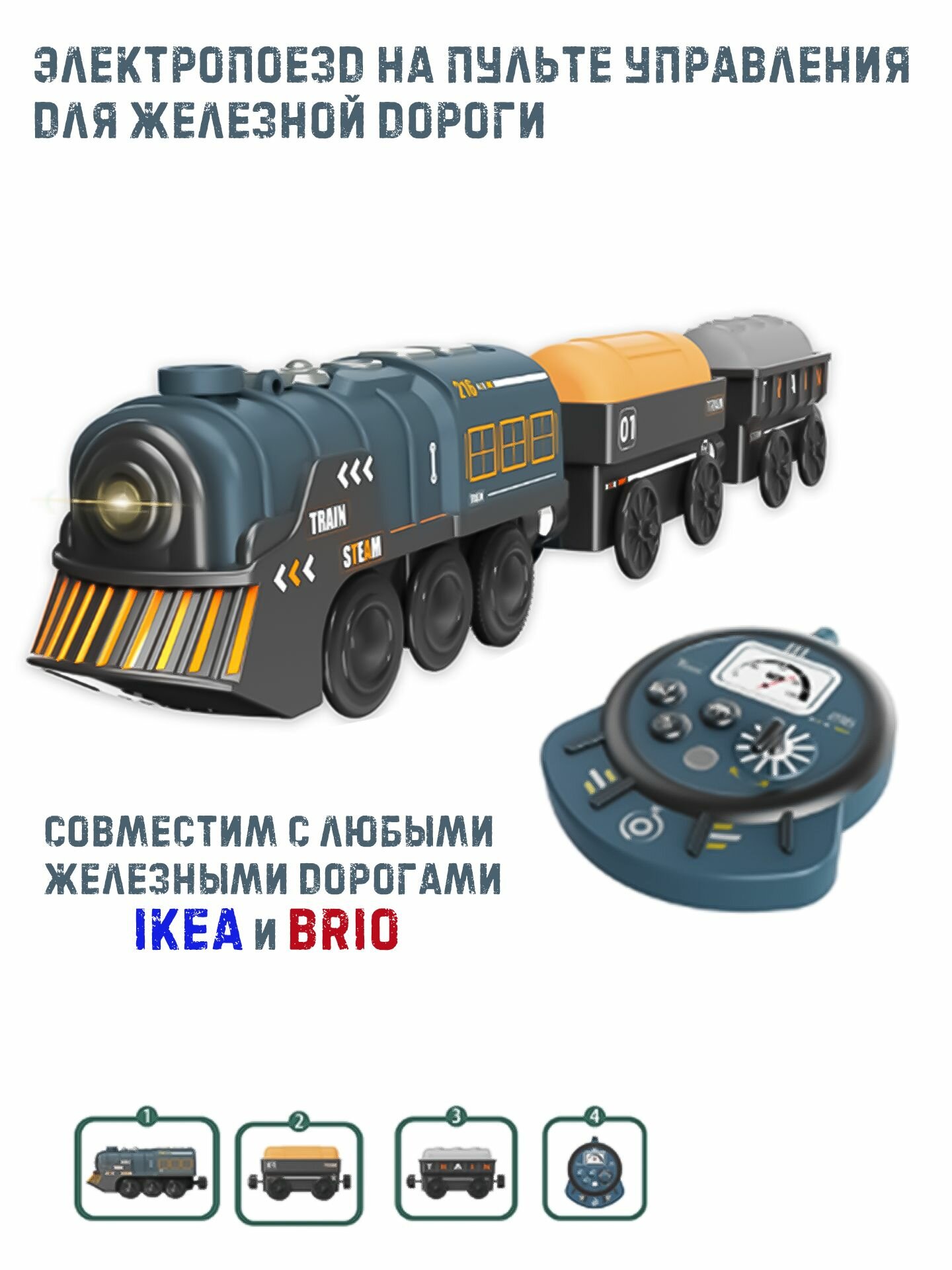 Поезд на радиоуправлении для железной дороги, колея 25 мм, цвет серый совместимый с икеа и брио
