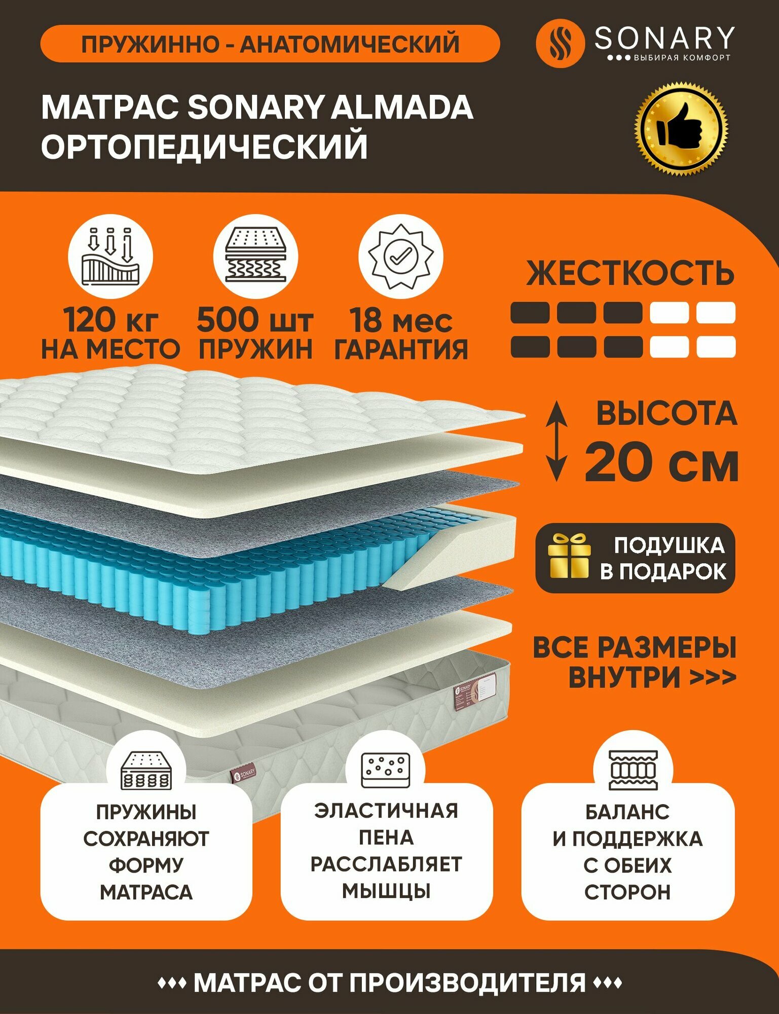 Матрас Sonary Almada 90х150 серии Urban высота 20 см анатомический средней жесткости Независимые пружины