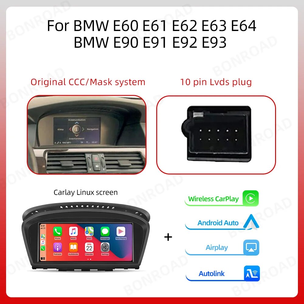 Автомобильная мультимедийная система BONROAD с беспроводным CarPlay и Android Auto для BMW 5, 3 серии E60, E61, E62, E63, E90, E91, E92, E93, M3, с поддержкой мониторов CCC и CIC CCC