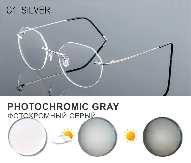 Безоправные очки для близорукости мужчины и женщины дужки из сплава круглые линзы блокирующие синий свет или фотохромные настраиваемые для близорукости и астигматизма F090