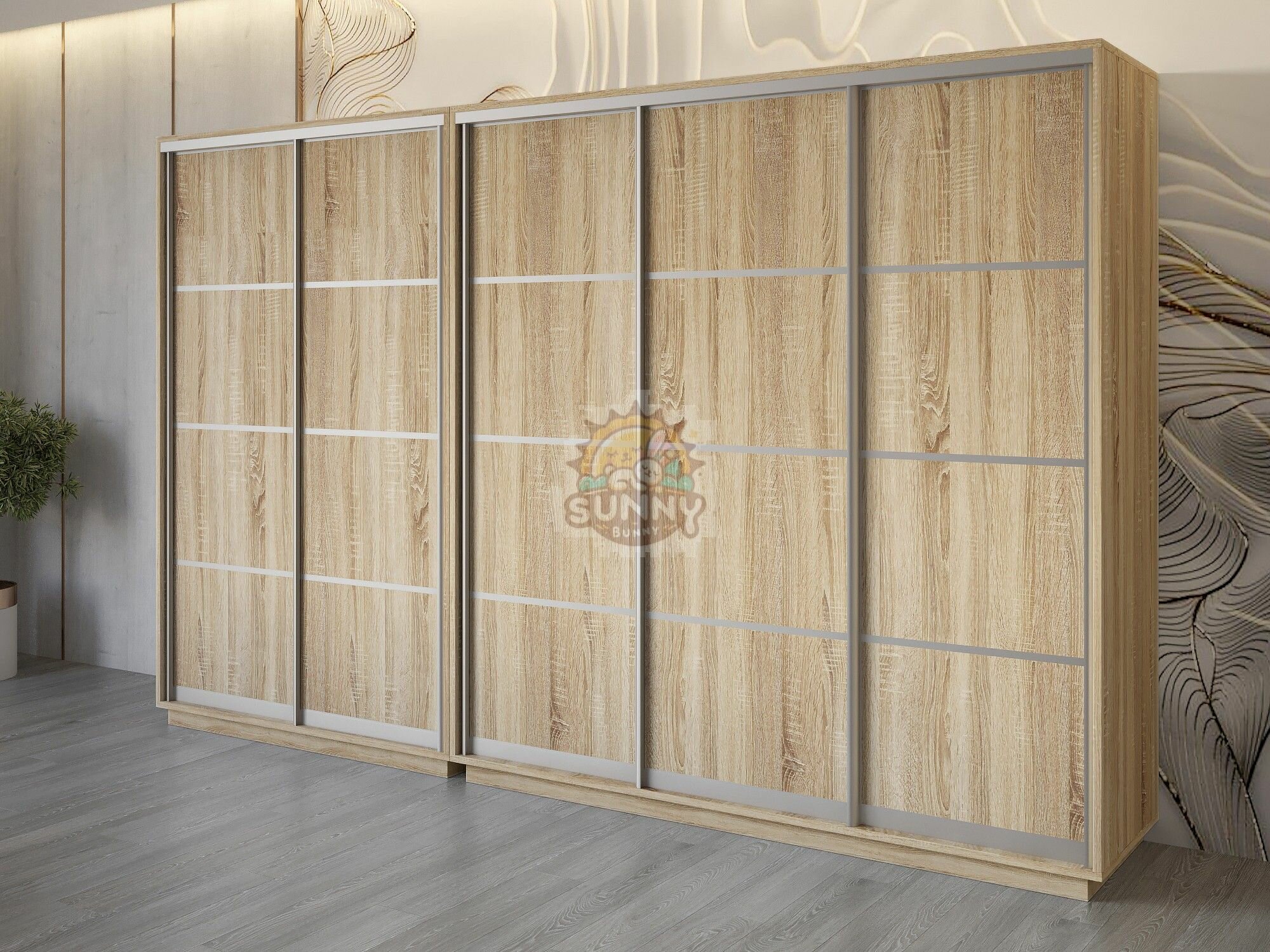 Шкаф-купе Флорида 5дв. (2+3) ЛДСП, профиль серебро, 300х60х220 см. Сонома