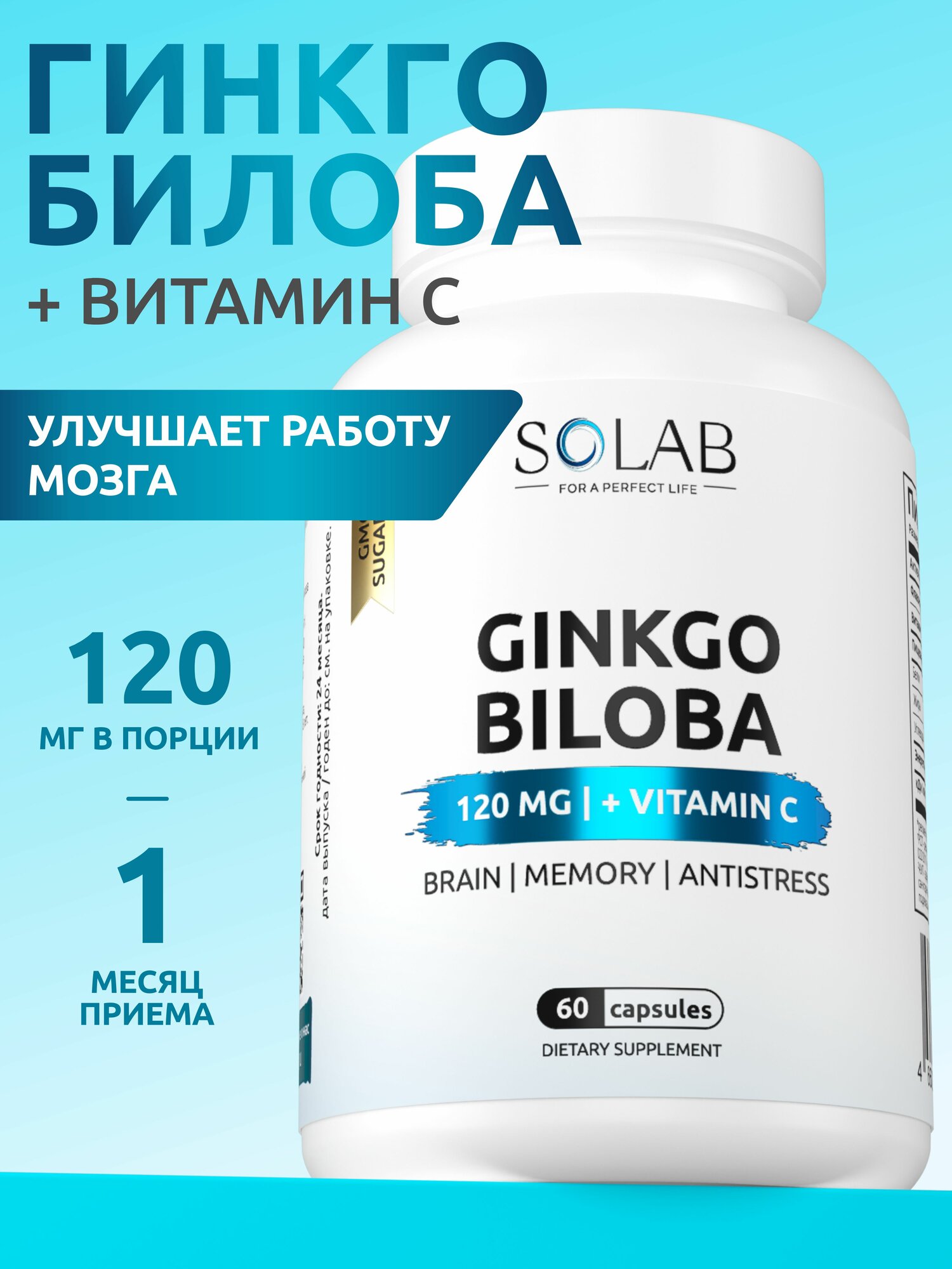 Гинкго Билоба с витамином С, для мозга, памяти и концентрации, 60 капсул