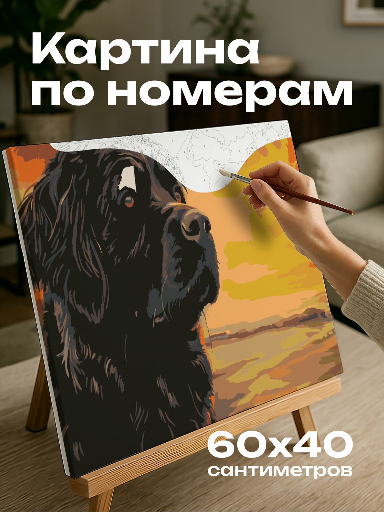 Картина по номерам 60x40 см, портрет, масляная картина, лабрадор, шерсть, глаза, закат, пляж, проникновенный взгляд