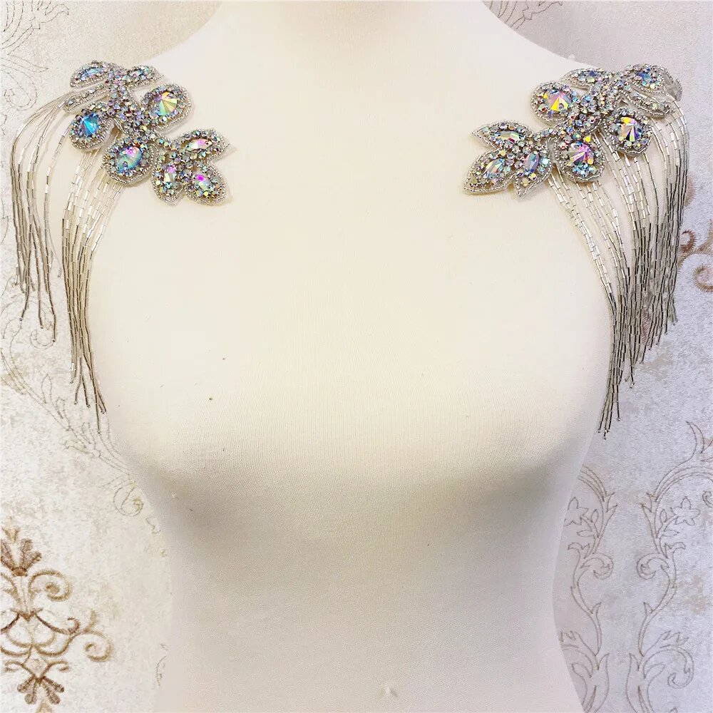 2 шт. Аппликации из хрустальных бусин для отделки свадебного платья AB SILVER