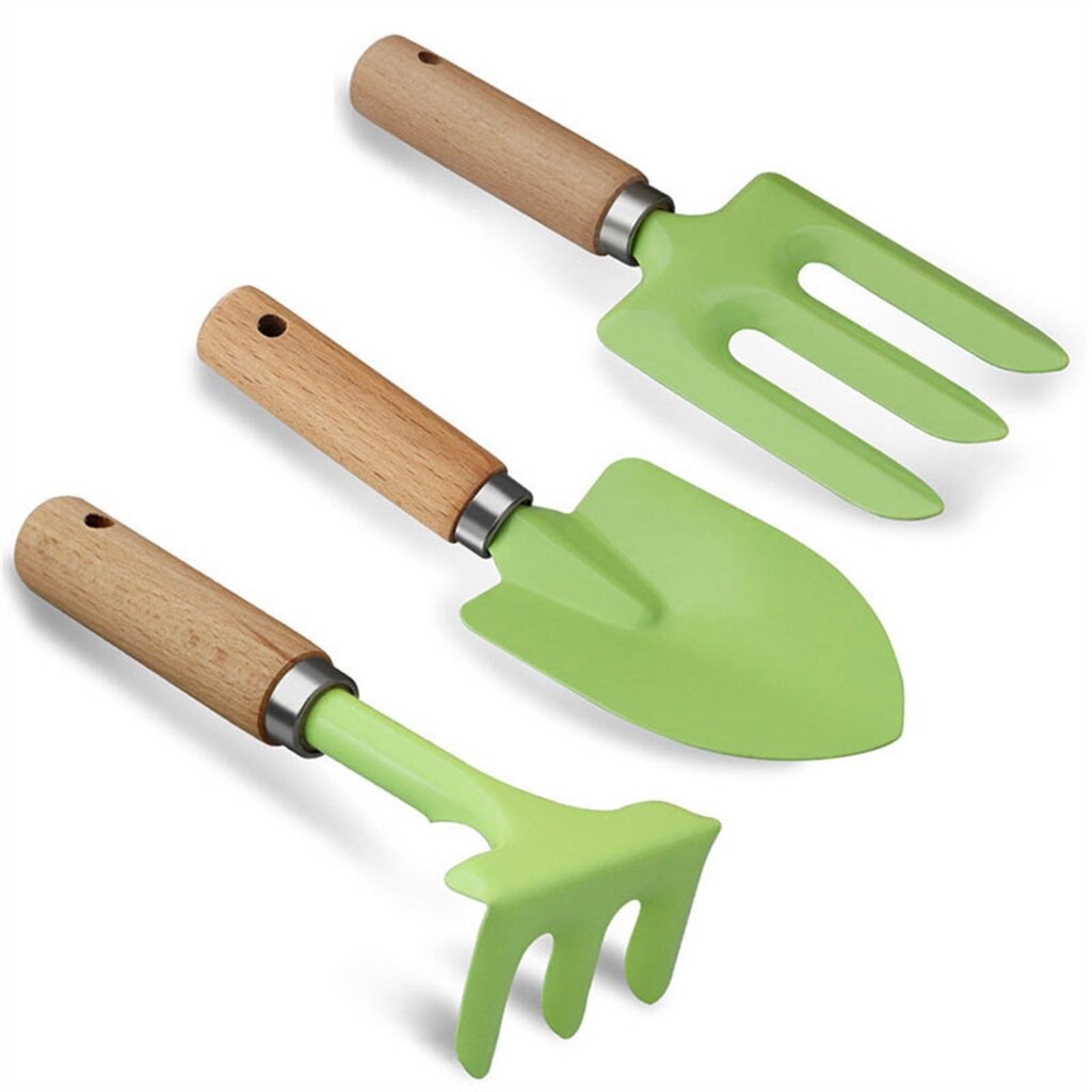 Набор детских Садовых Инструментов из 3 предметов С Металлической и деревянной Ручкой Включает Лопаты Грабли Вилку, Подходящую для Игр на свежем воздухе и Пляжных Приключений
