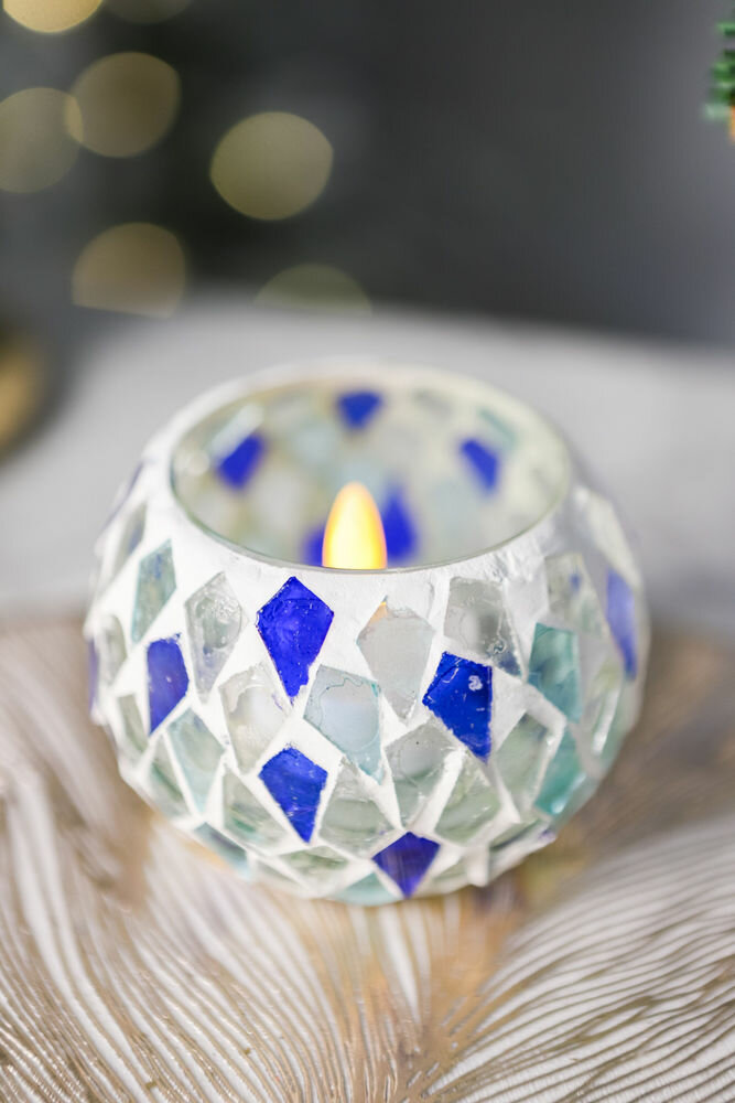 Декоративный подсвечник морская мозаика 'ромбы', стекло, круглый, 9 см, Koopman International A65006150-1