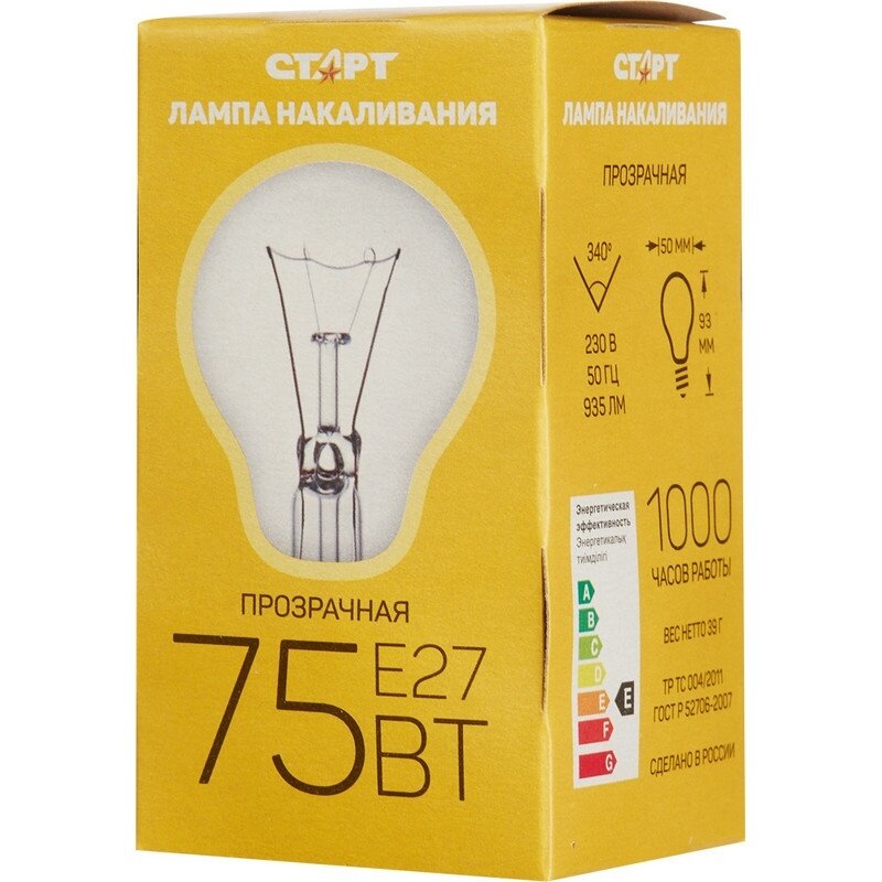 Электрическая лампа Старт стандартная, прозрачная 75 W E27, 10 шт