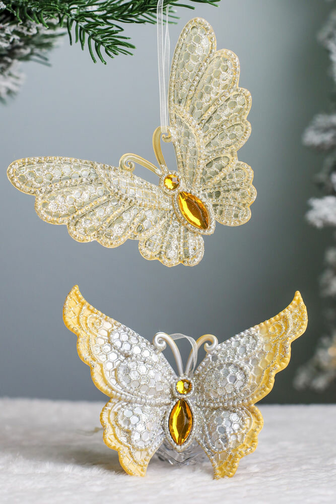 Набор ёлочных игрушек мерцающие бабочки, пластик, золотистые, 13 см, 2 шт, Kurts Adler T2896-набор